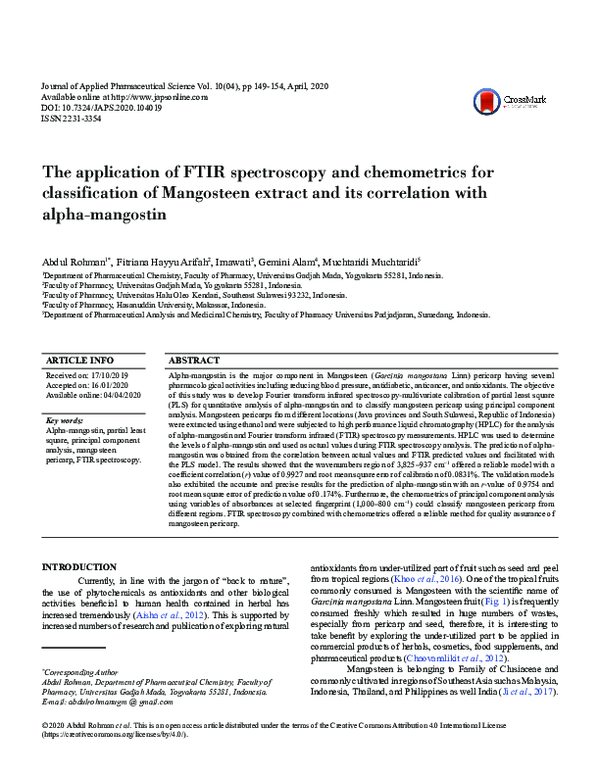 (PDF) The application of FTIR spectroscopy and chemometrics for classification of Mangosteen ...