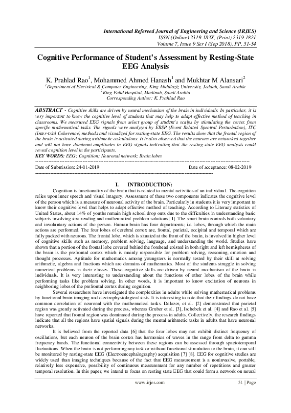 (PDF) Cognitive Performance of Student’s Assessment by Resting-State EEG Analysis | K Prahlad ...