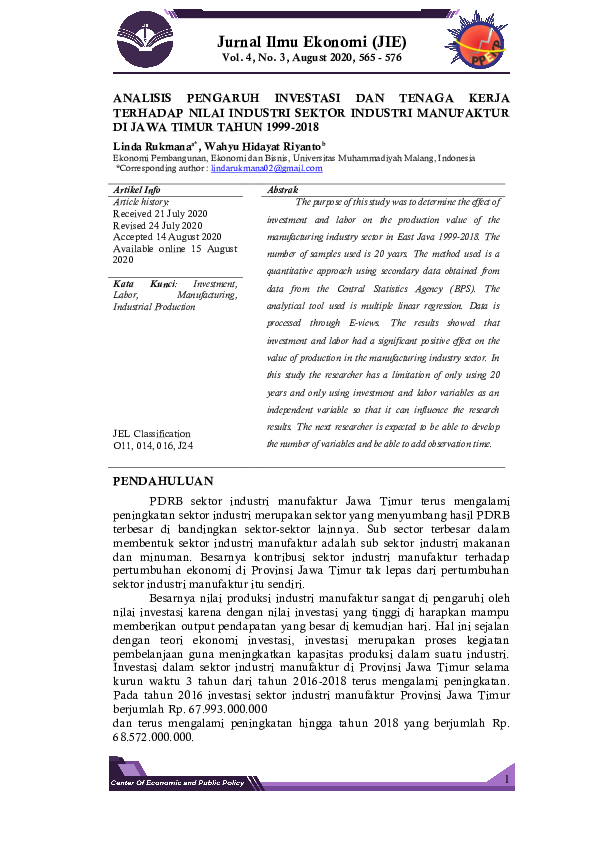 (PDF) Analisis Pengaruh Investasi Dan Tenaga Kerja Terhadap Nilai Industri Sektor Industri ...