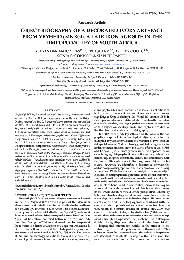 (PDF) OBJECT BIOGRAPHY OF A DECORATED IVORY ARTEFACT FROM VRYHEID ...