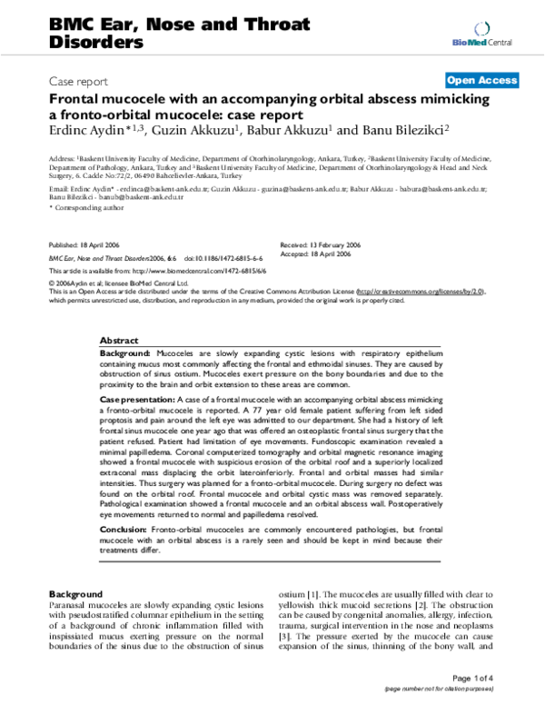 (PDF) Frontal mucocele with an accompanying orbital abscess mimicking a ...