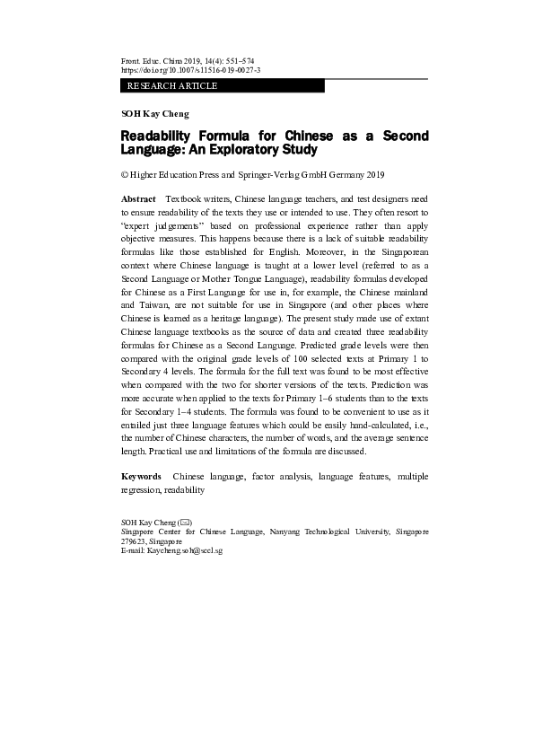 (PDF) Readability Formula for Chinese as a Second Language: An ...