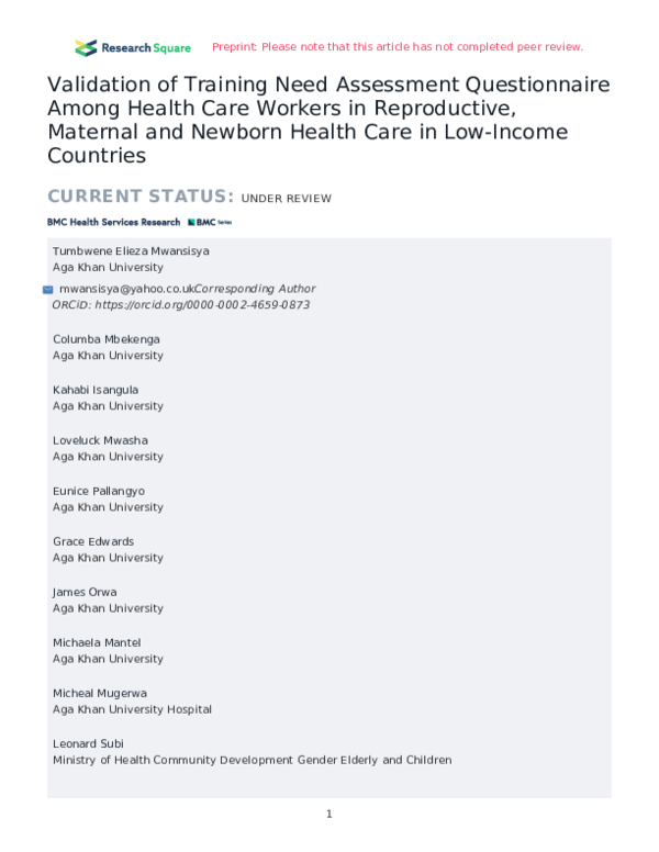 (PDF) Validation of Training Need Assessment Questionnaire Among Health ...