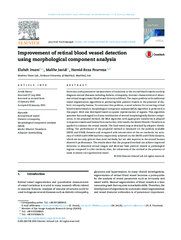 (PDF) Improvement of retinal blood vessel detection using morphological component analysis