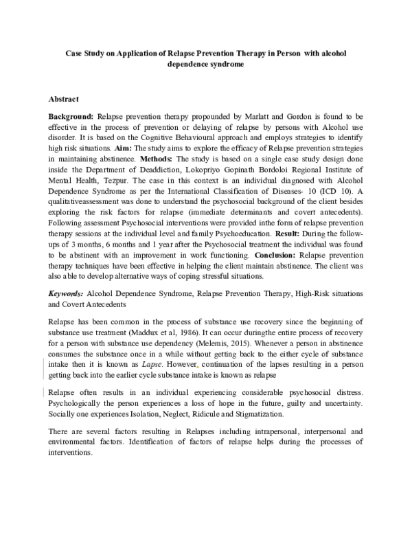 (DOC) Case Study on Application of Relapse Prevention Therapy in Person ...
