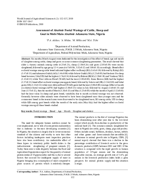 (PDF) Assessment of Abattoir Foetal Wastage of Cattle, Sheep and Goat ...