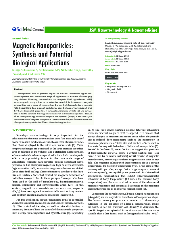 (PDF) Magnetic Nanoparticles: Synthesis and Potential Biological Applications