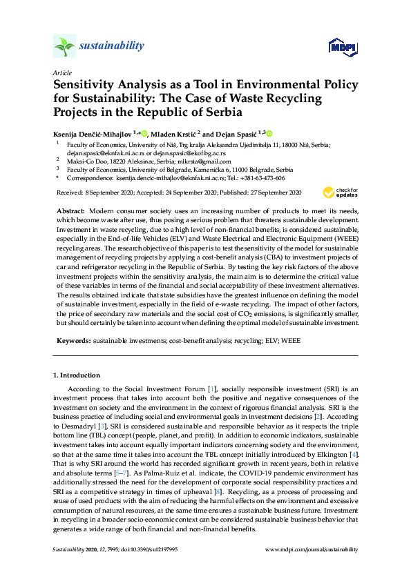 (PDF) Sensitivity Analysis as a Tool in Environmental Policy for ...