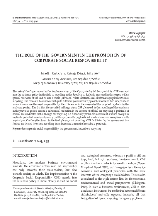 (PDF) The role of the government in the promotion of corporate social ...