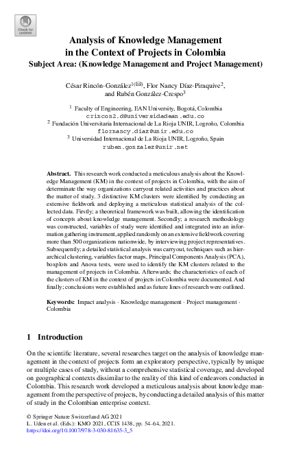 (PDF) Analysis of Knowledge Management in the Context of Projects in Colombia