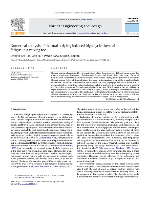 (PDF) Numerical analysis of thermal striping induced high cycle thermal ...