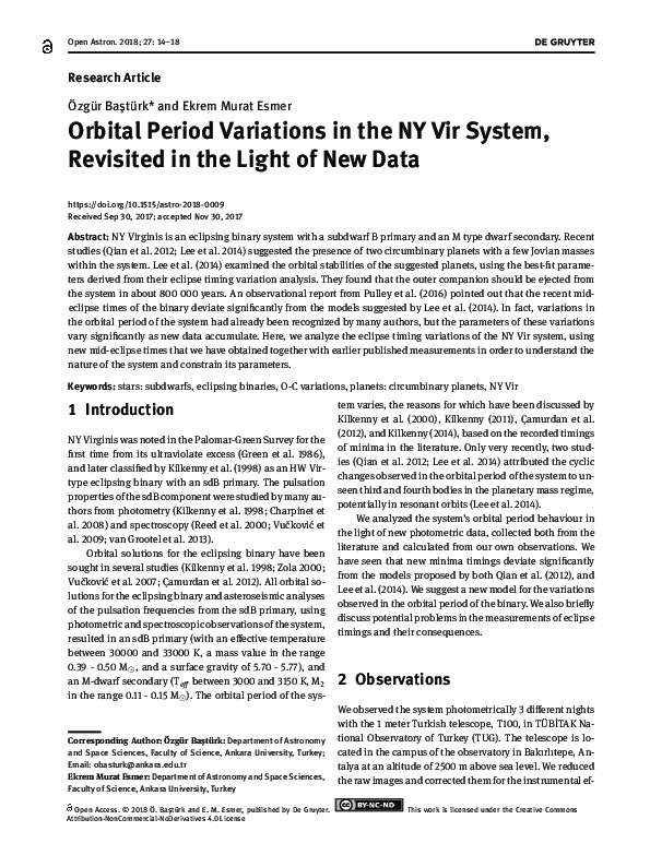 (PDF) Orbital Period Variations in the NY Vir System, Revisited in the Light of New Data