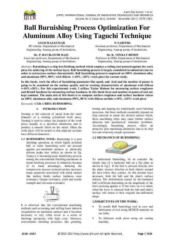 Pdf Ball Burnishing Process Optimization For Aluminum Alloy Using Taguchi Technique