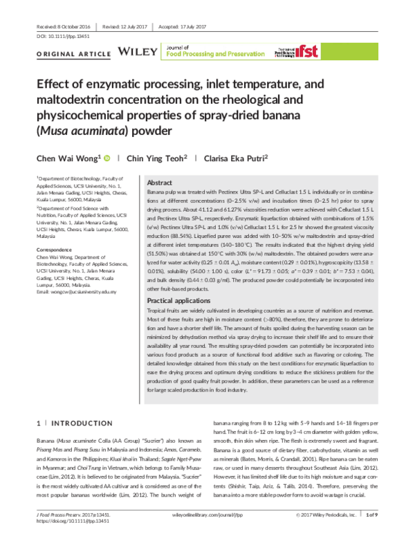(PDF) Effect of enzymatic processing, inlet temperature, and maltodextrin concentration on the ...