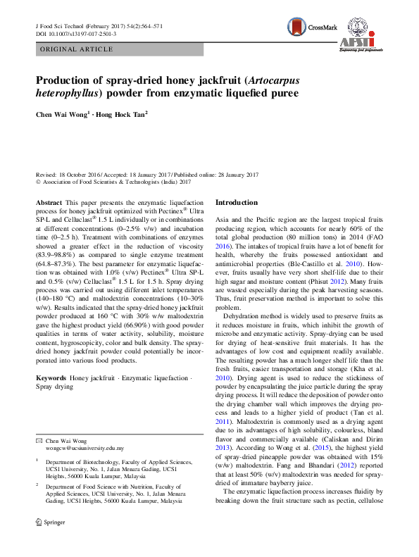 (PDF) Production of spray-dried honey jackfruit (Artocarpus ...
