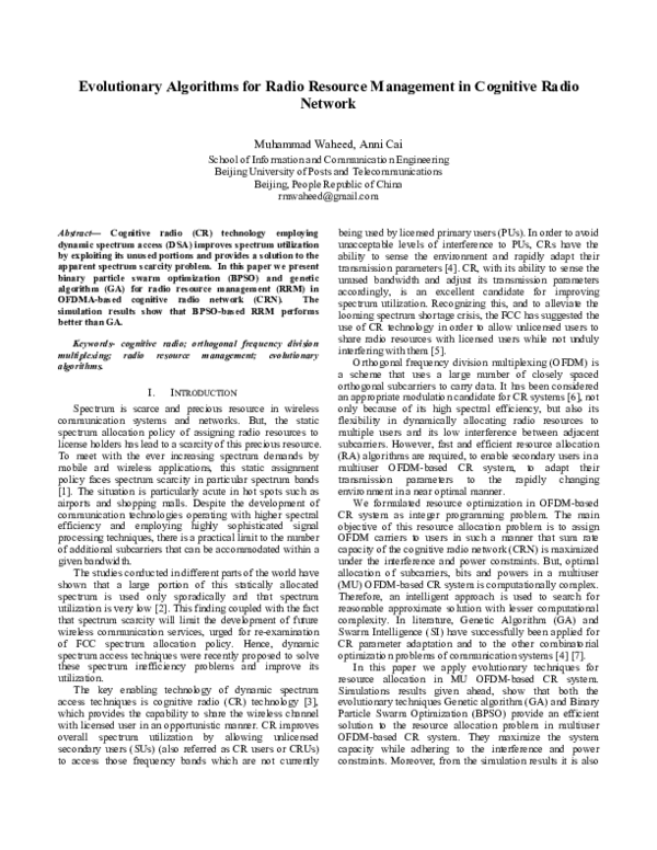(PDF) Evolutionary algorithms for radio resource management in cognitive radio network