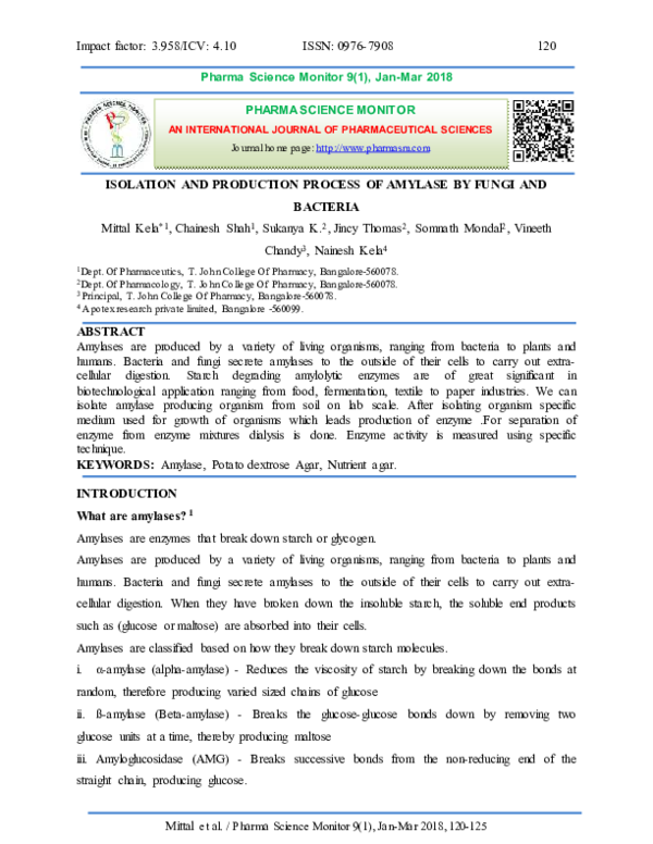 (PDF) Isolation and Production Process of Amylase by Fungi and Bacteria
