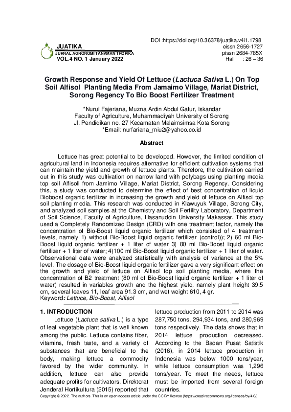 (PDF) Growth Response and Yield Of Lettuce (Lactuca Sativa L.) On Top Soil Alfisol Planting ...