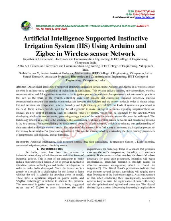 Pdf Artificial Intelligence Supported Instinctive Irrigation System Iis Using Arduino And