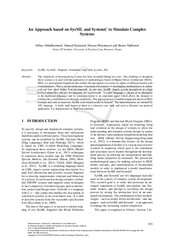 Pdf An Approach Based On Sysml And Systemc To Simulate Complex Systems