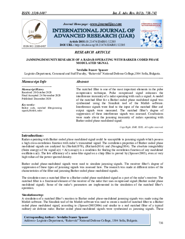 Pdf Jammingimmunityresearch Of A Radar Operating With Barker Coded Phase Modulated Signal