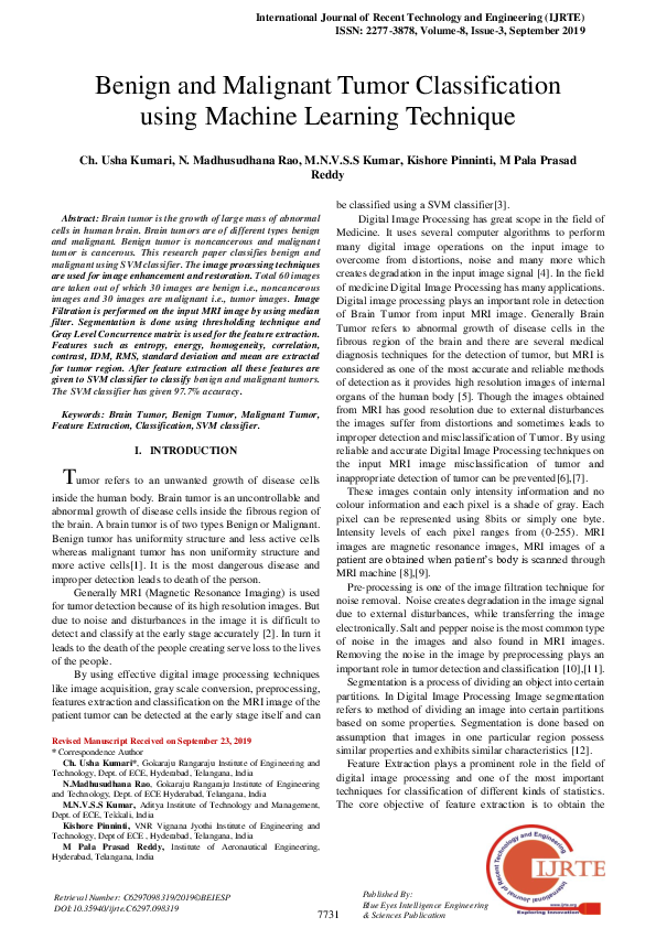 Pdf Benign And Malignant Tumor Classification Using Machine Learning