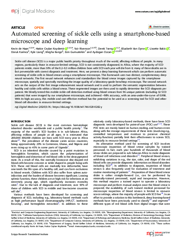 (PDF) Automated screening of sickle cells using a smartphone-based microscope and deep learning