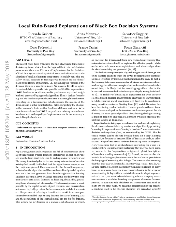 (PDF) Local Rule-Based Explanations of Black Box Decision Systems