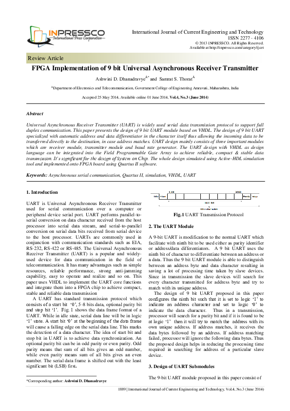 FPGA Implementation of 9 bit Universal Asynchronous Receiver Transmitter FPGA Implementation of 9 bit Universal Asynchronous Receiver Transmitter