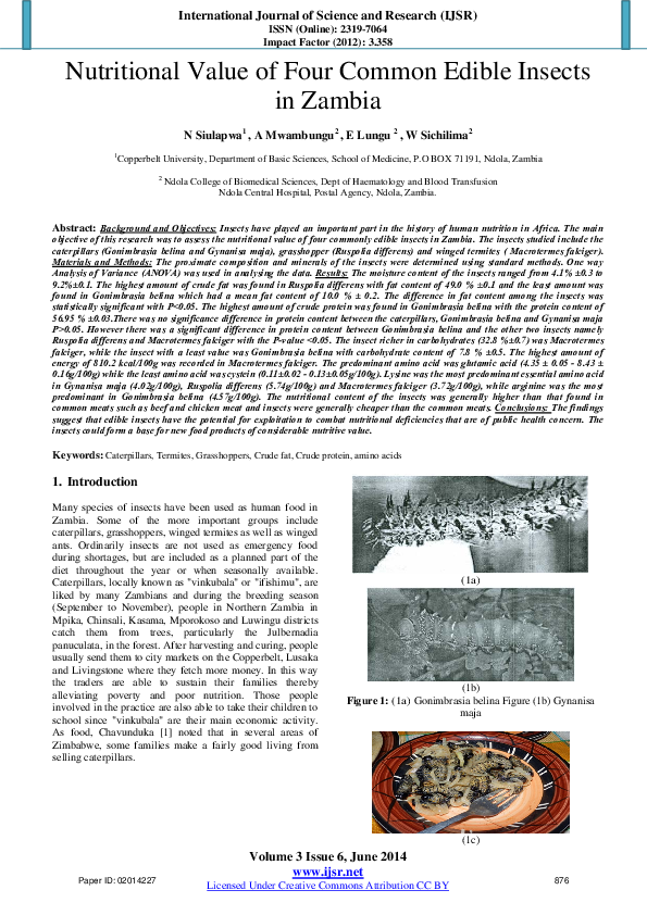 (PDF) Nutritional Value of Four Common Edible Insects in Zambia