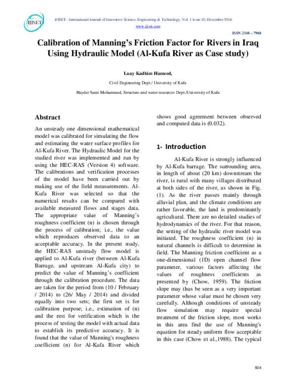 (PDF) Calibration of Manning's Friction Factor for Rivers in Iraq Using Hydraulic Model (Al-Kufa ...