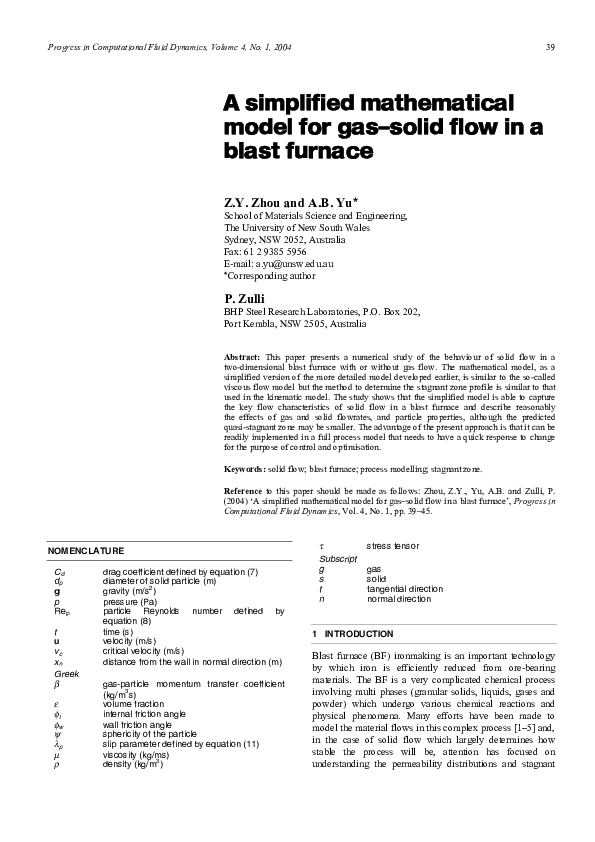 (PDF) A simplified mathematical model for gas?solid flow in a blast furnace