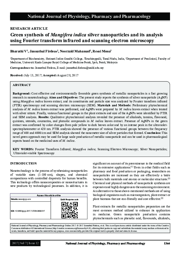 (PDF) Green synthesis of Mangifera indica silver nanoparticles and its analysis using Fourier ...