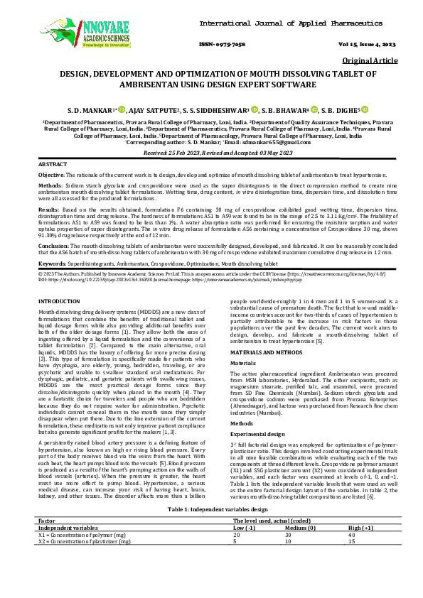 (PDF) DESIGN, DEVELOPMENT AND OPTIMIZATION OF MOUTH DISSOLVING TABLET OF AMBRISENTAN USING ...