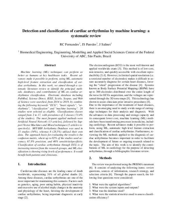 Pdf Detection And Classification Of Cardiac Arrhythmias By Machine
