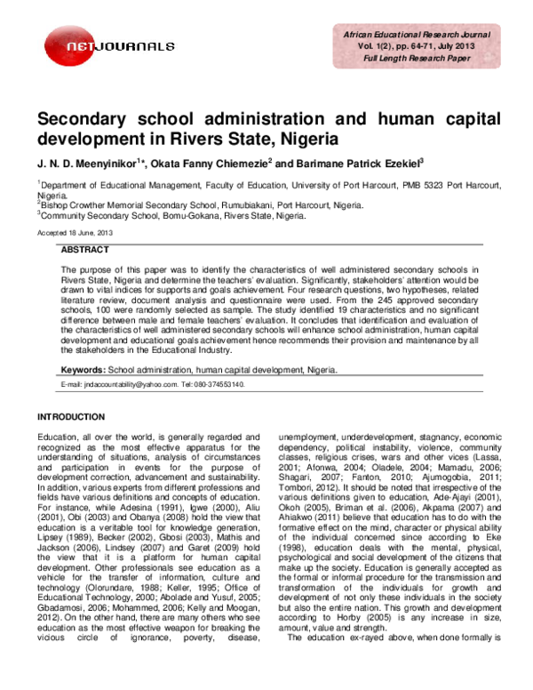 (PDF) Secondary school administration and human capital development in ...