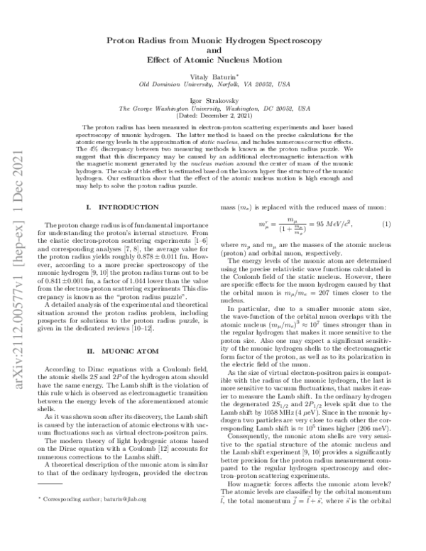 (PDF) Proton Radius from Muonic Hydrogen Spectroscopy and Effect of ...