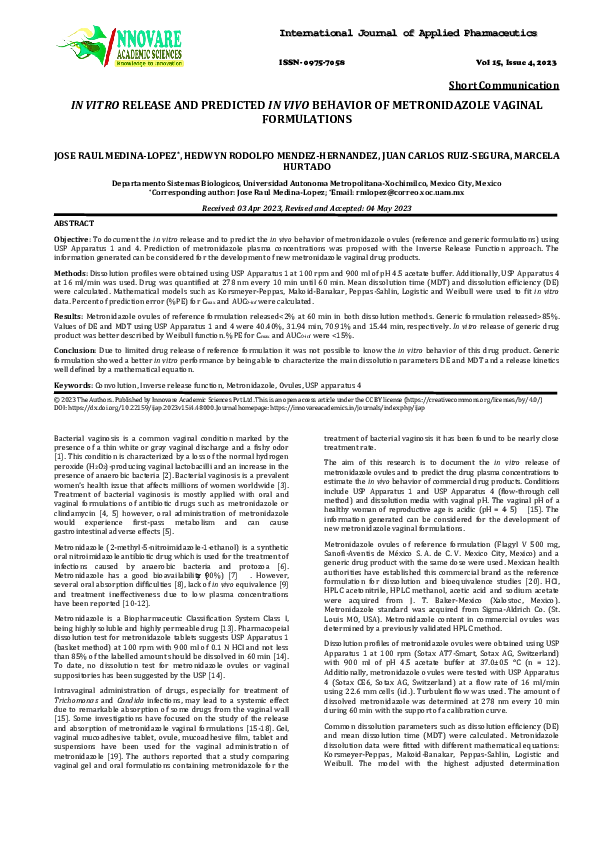 Pdf In Vitro Release And Predicted In Vivo Behavior Of Metronidazole Vaginal Formulations