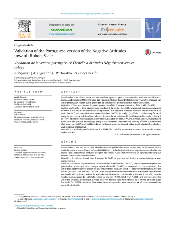 (PDF) Validation of the Portuguese version of the Negative Attitudes towards Robots Scale | Nuno ...