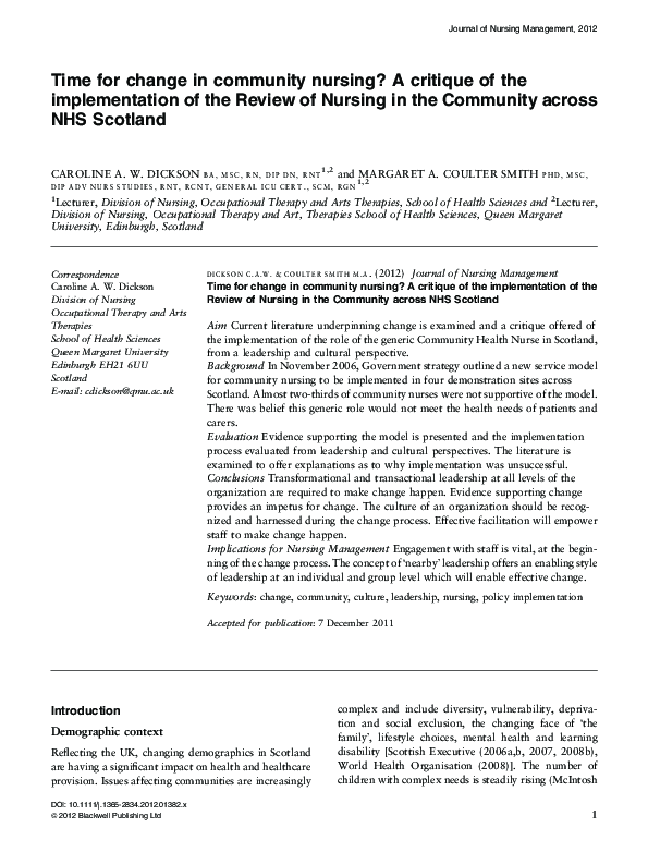 (PDF) Time for change in community nursing? A critique of the ...