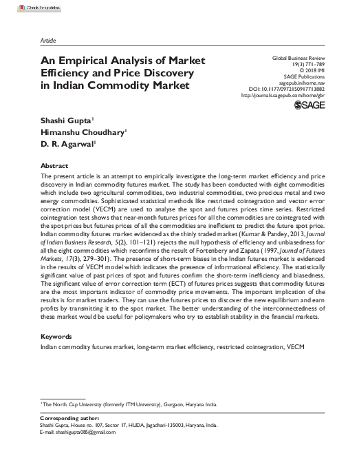 (PDF) An Empirical Analysis of Market Efficiency and Price Discovery in ...