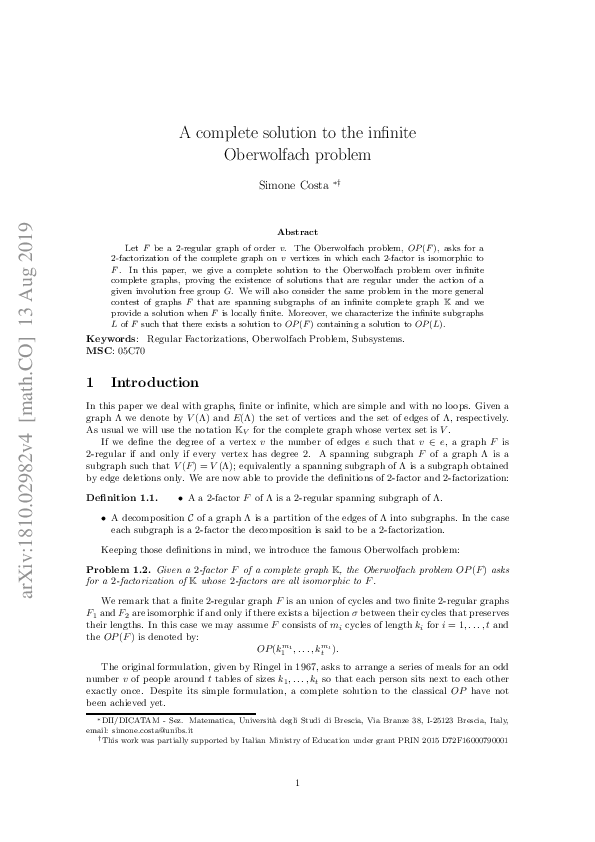 (PDF) A complete solution to the infinite Oberwolfach problem