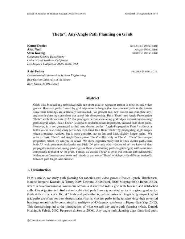 (PDF) Theta*: Any-Angle Path Planning on Grids