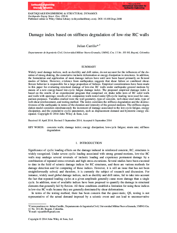 (PDF) Damage index based on stiffness degradation of low-rise RC walls