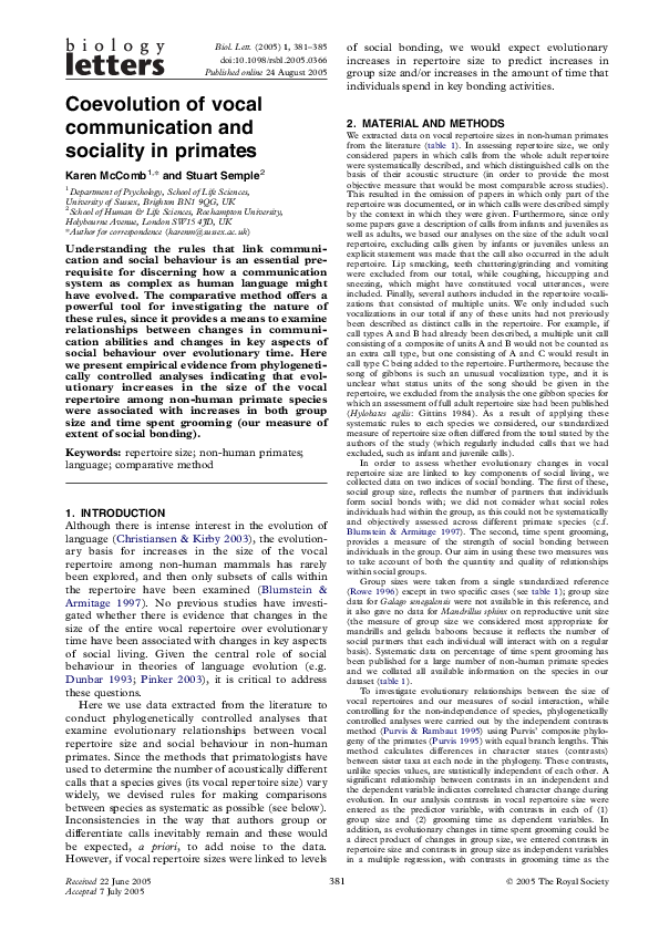(PDF) Coevolution of vocal communication and sociality in primates