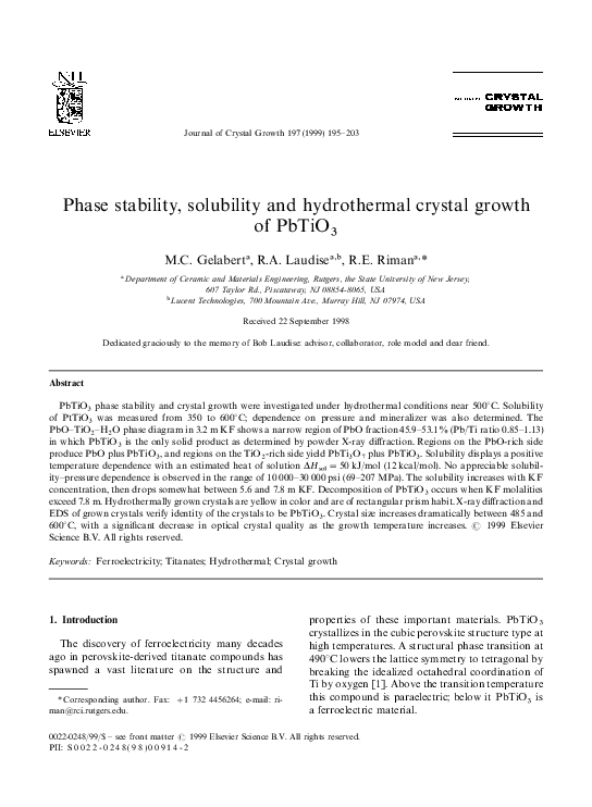 (PDF) Phase stability, solubility and hydrothermal crystal growth of PbTiO3