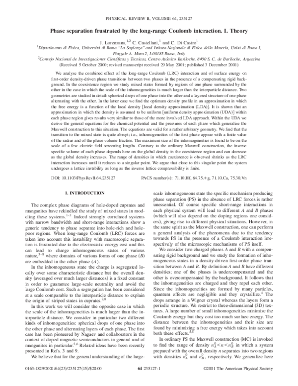 (PDF) Phase separation frustrated by the long-range Coulomb interaction. I. Theory | Claudio ...