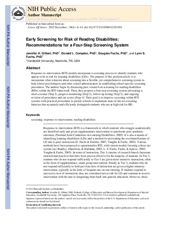 (PDF) Early Screening for Risk of Reading Disabilities: Recommendations ...