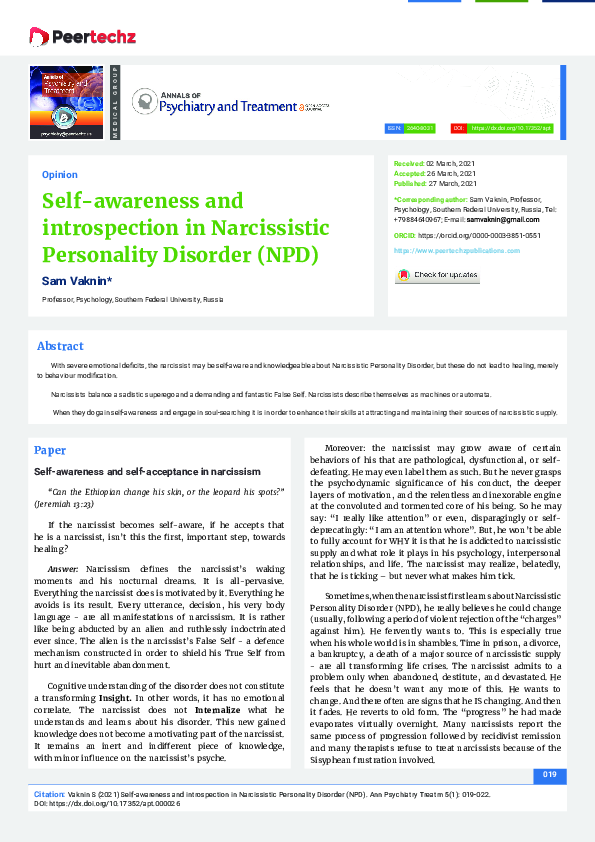 (PDF) Self-awareness and introspection in Narcissistic Personality ...
