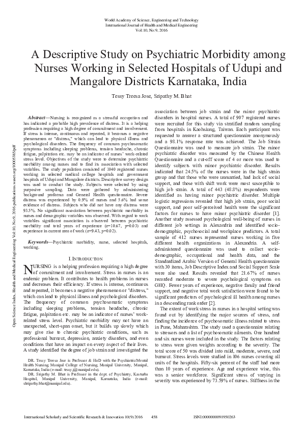 (PDF) A Descriptive Study On Psychiatric Morbidity Among Nurses Working ...